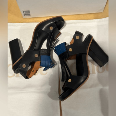 Chloe Black Leather Fringes Block Heel Sandals Size 38 | eBay