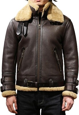 Men B6 Bomber Aviator Flying Real SheepSkin Shearling Pilot Brown ...
