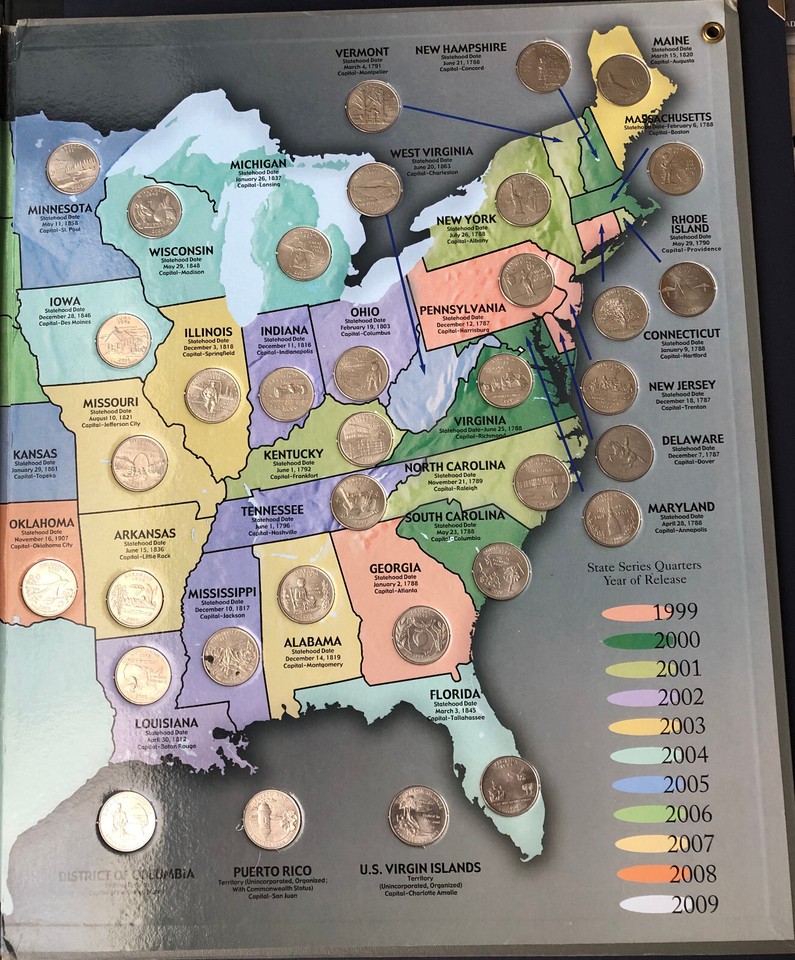 STATE SERIES QUARTERS 1999-2009 COLLECTOR'S MAP w/50pc+ Coins | eBay