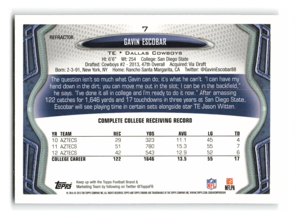2013 Topps Chrome Gavin Escobar Rookie Dallas Cowboys #7 RC Refractor ...