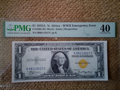 1935 A $1 ONE DOLLAR SILVER CERTIFICATE NORTH AFRICA NOTE,XF, PMG 40 ...