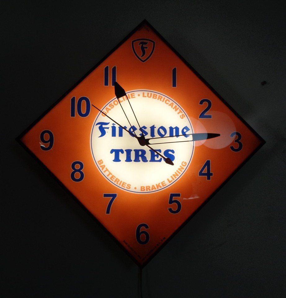 Vintage 15" Firestone Tires Lighted Pam Clock LED Working 1948 Gas ...