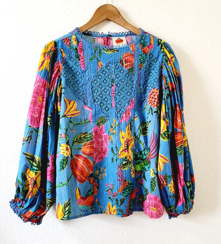 New FARM RIO Toucans Lace Inset Balloon Sleeve Top In Blue Multi. Size ...