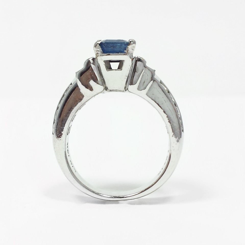 Blue Sapphire Emerald Cut Diamond ring Art Deco Engagement 14k White ...