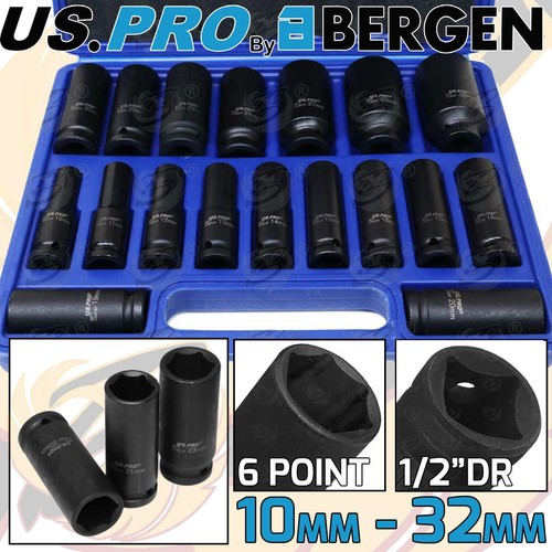 US PRO DEEP IMPACT SOCKET Set 1/2"Dr 18pc 10mm - 32mm 6pt Hex Long ...