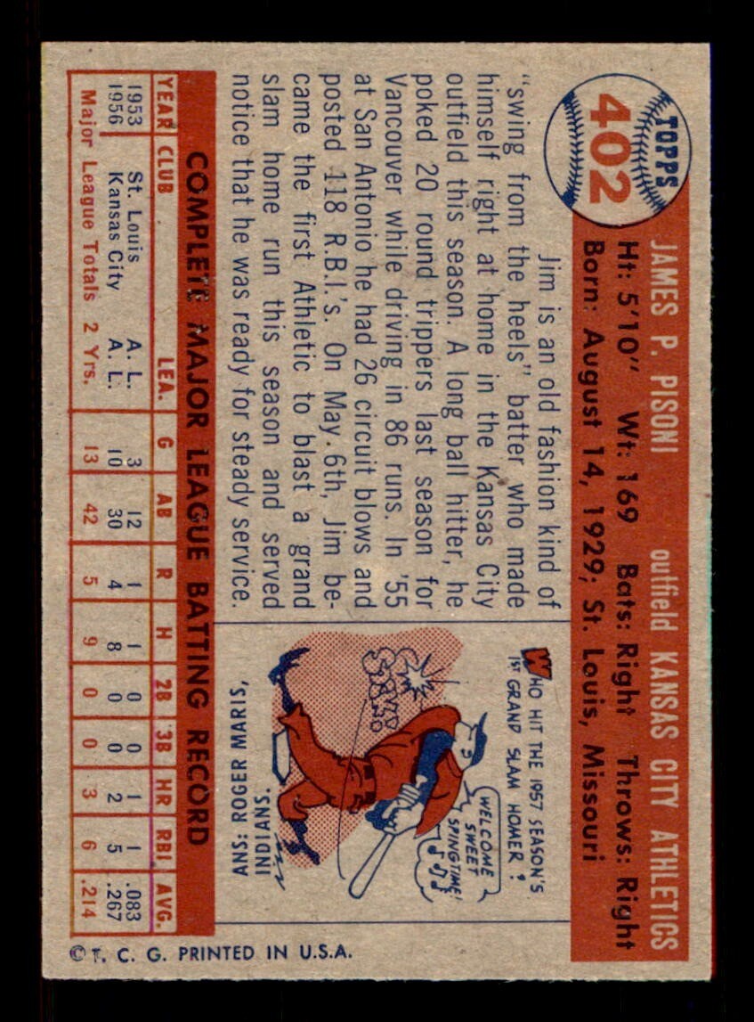 1957 Topps Baseball #402 Jim Pisoni NM/MT | eBay