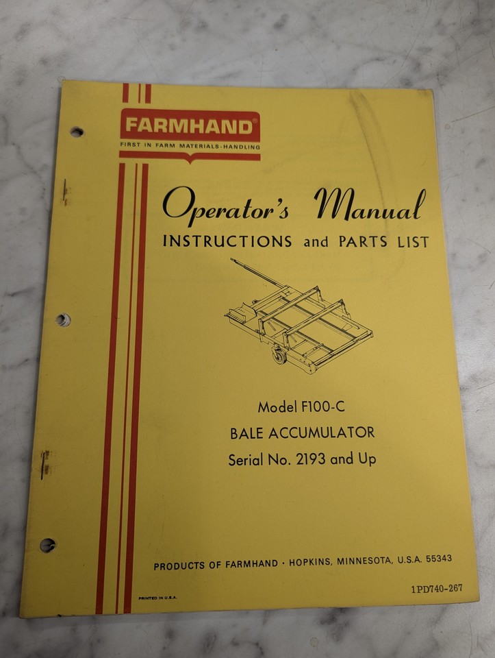 FARMHAND OPERATOR'S SERVICE MANUAL & PARTS LIST MODEL F100-C BALE ...