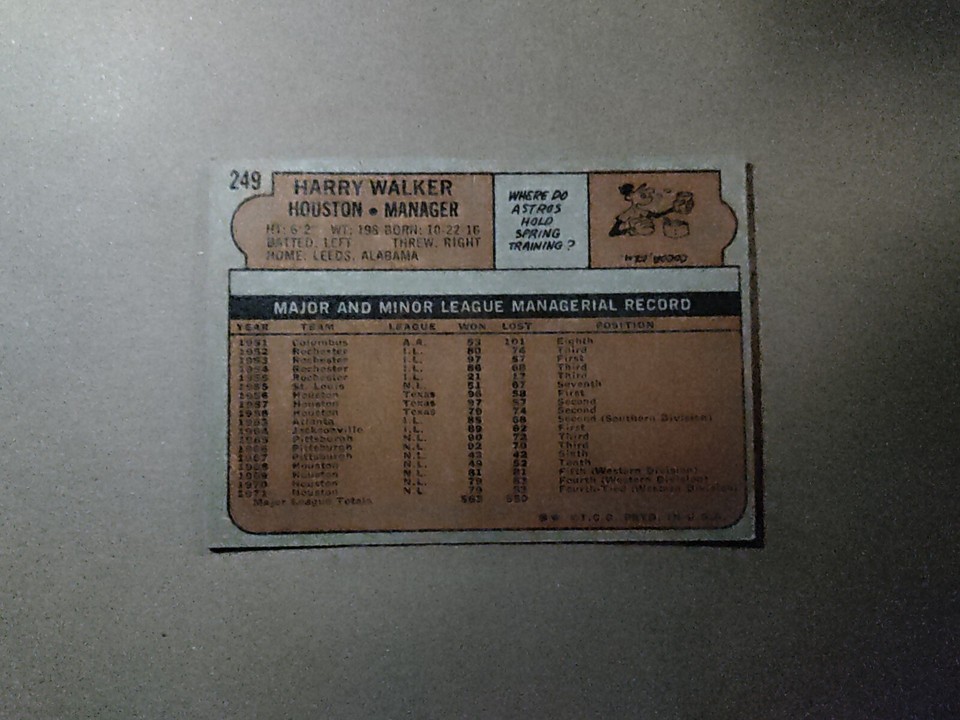 1972 Topps Baseball #249 Harry Walker Houston Astros vg free shipping ...