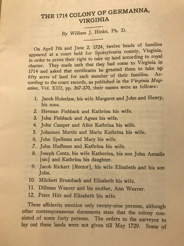 The 1714 Colony Germanna Virginia William Hinke Spotsylvania Germantown ...