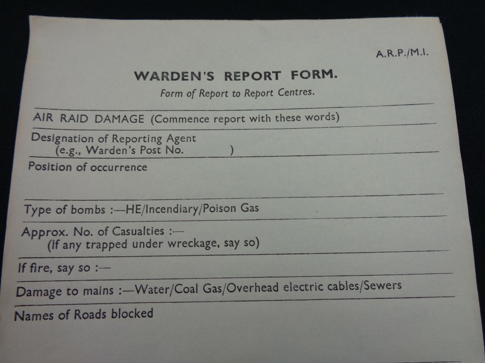 WW2 AIR RAID WARDEN'S REPORT FORM - HOME FRONT - ARP - CIVIL DEFENCE ...