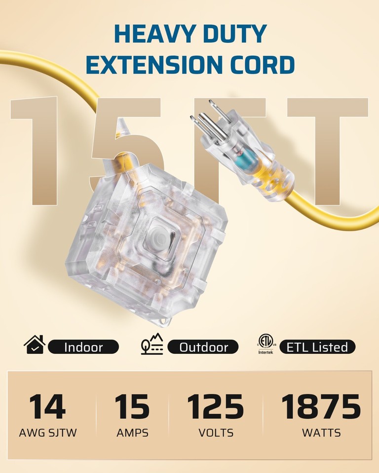 DEWENWIL 15FT Heavy Duty Extension Cord, Dust-Proof &Waterproof Switch ...