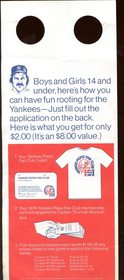 1976 Pepsi Cola Fan Club Order Form Thurman Munson New York Yankees | eBay