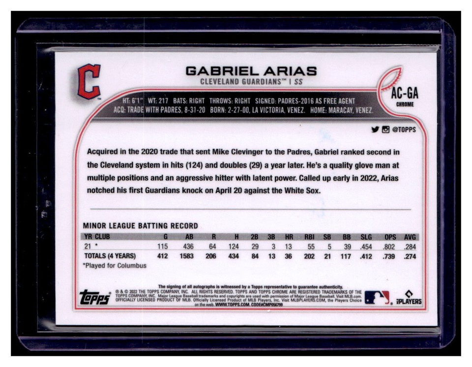 2022 Topps Chrome Update Autograph #ACGA Gabriel Arias ROOKIE RC Auto ...