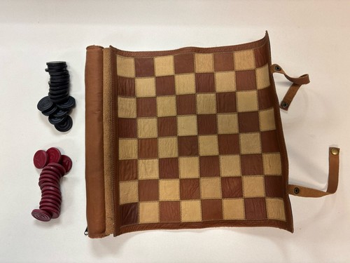 Leather Roll-Up Travel Chess Checkers Set Board w/ Zip Pocket + Game ...