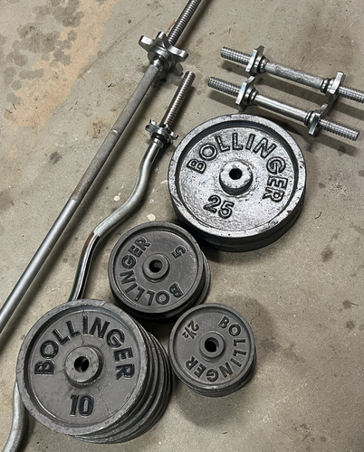 Vintage Bollinger Barbell Weight Set w/ 145 lbs. of Plates - Pickup in ...