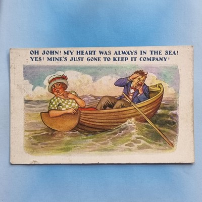 Comic Postcard 1933 Seasick Man Boat Oars Heart In The Sea Fat Lady Hat ...