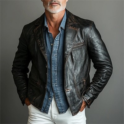 Giovanco Men's Vintage Lapel Collar Single Breasted Faux Leather Jacket ...