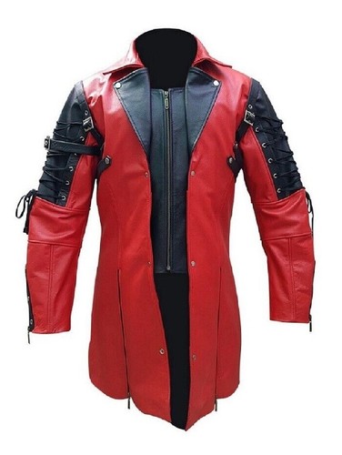 Mens Steampunk Gothic Matrix Trench Coat – Faux Leather Jacket in Red ...