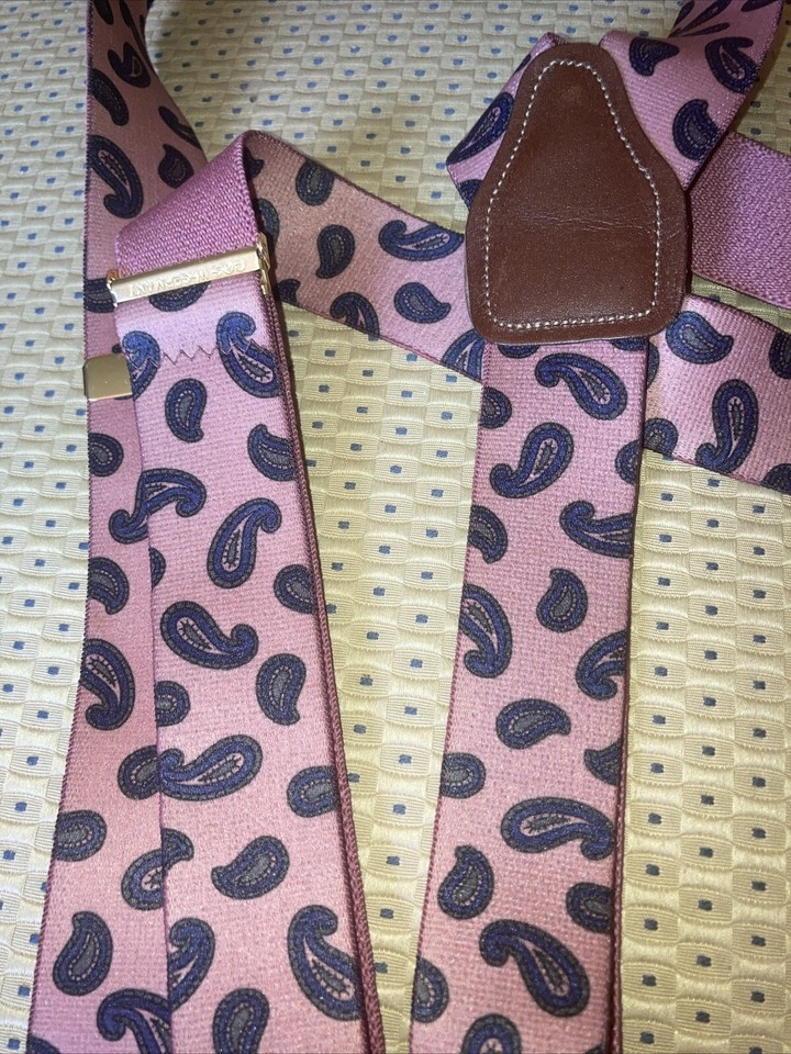 Bold Pink Paisley Woven Suspenders Adjustable Rich Brown Leather ...