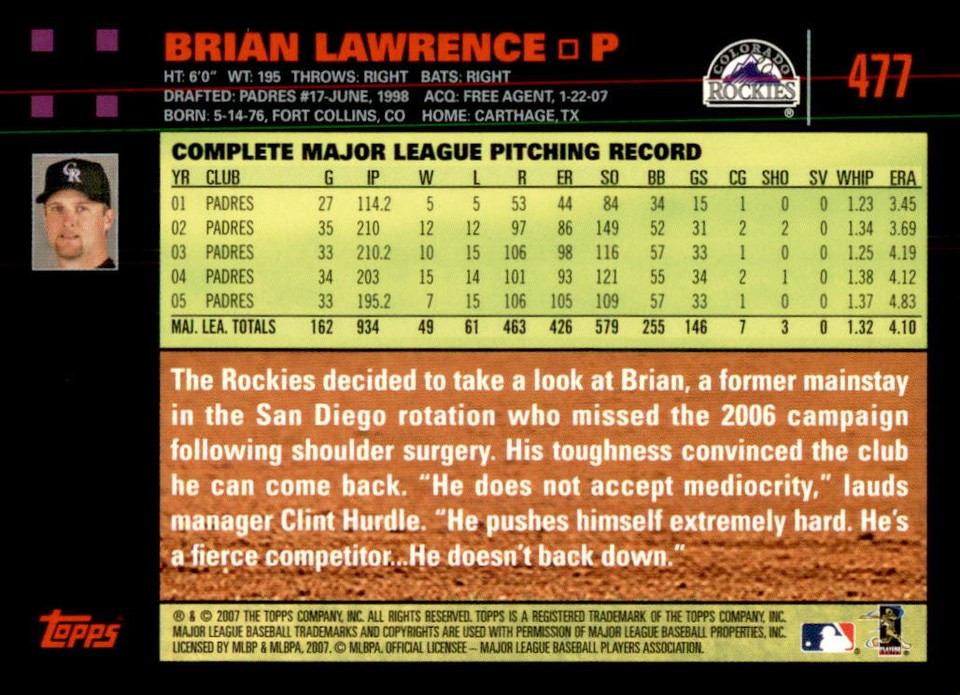 2007 Topps Red Back #477 Brian Lawrence Colorado Rockies | eBay