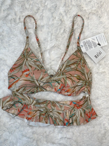 NWT MALAI SWIMWEAR BIKINI TOP LARGE CUTOUT RUFFLE TROPICAL PARROTS ...