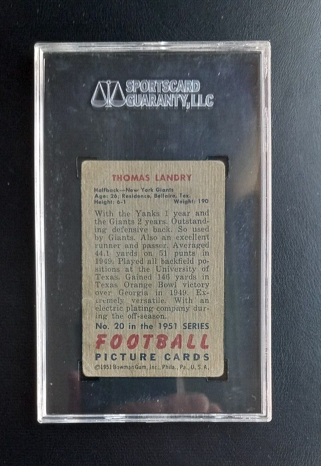 1951 BOWMAN FOOTBALL #20 THOMAS LANDRY ROOKIE HOF SGC 20 / 1.5 FAIR ...