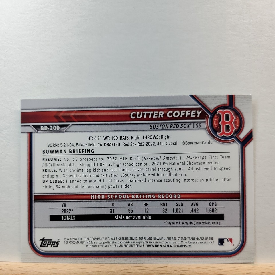 2022 Bowman Draft Baseball Cutter Coffey 1st Bowman AQUA 097/199 card ...