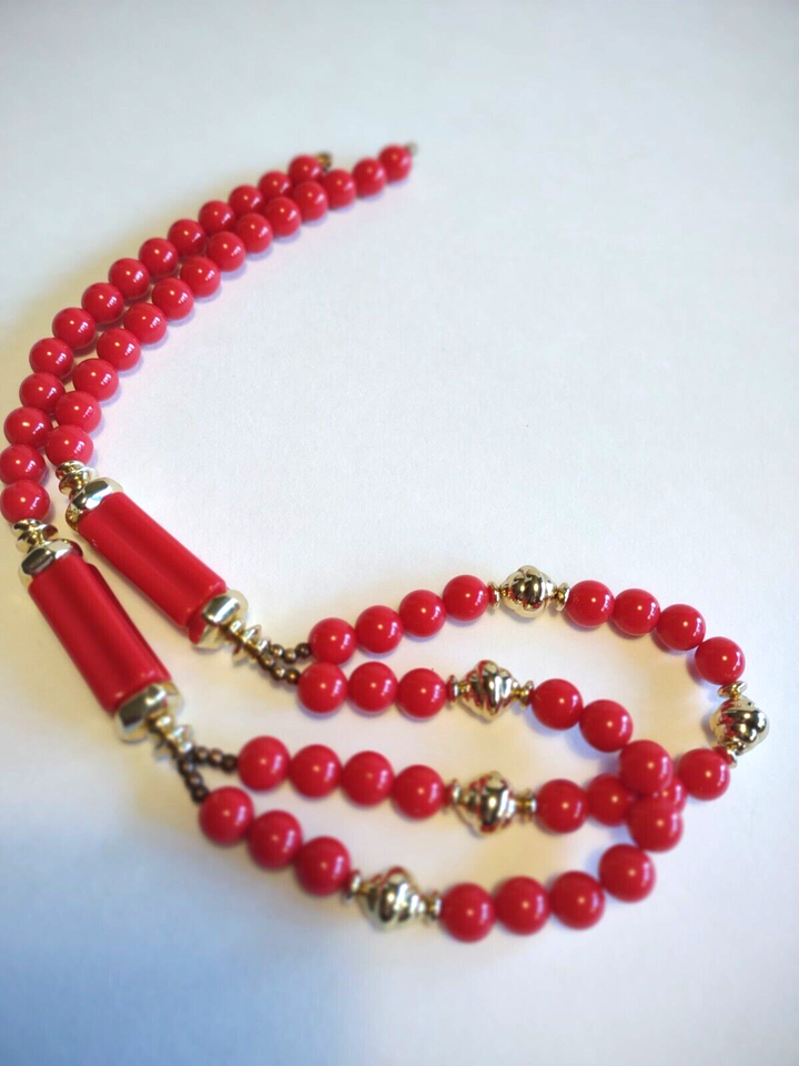Vintage Red Acrylic Bead Necklace 24" Long Silver Tone Round and Oblong ...