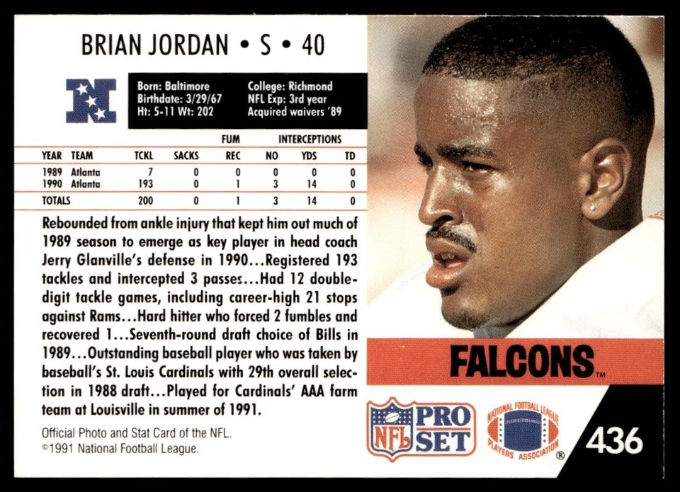 1991 Pro Set Brian Jordan Atlanta Falcons #436 | eBay