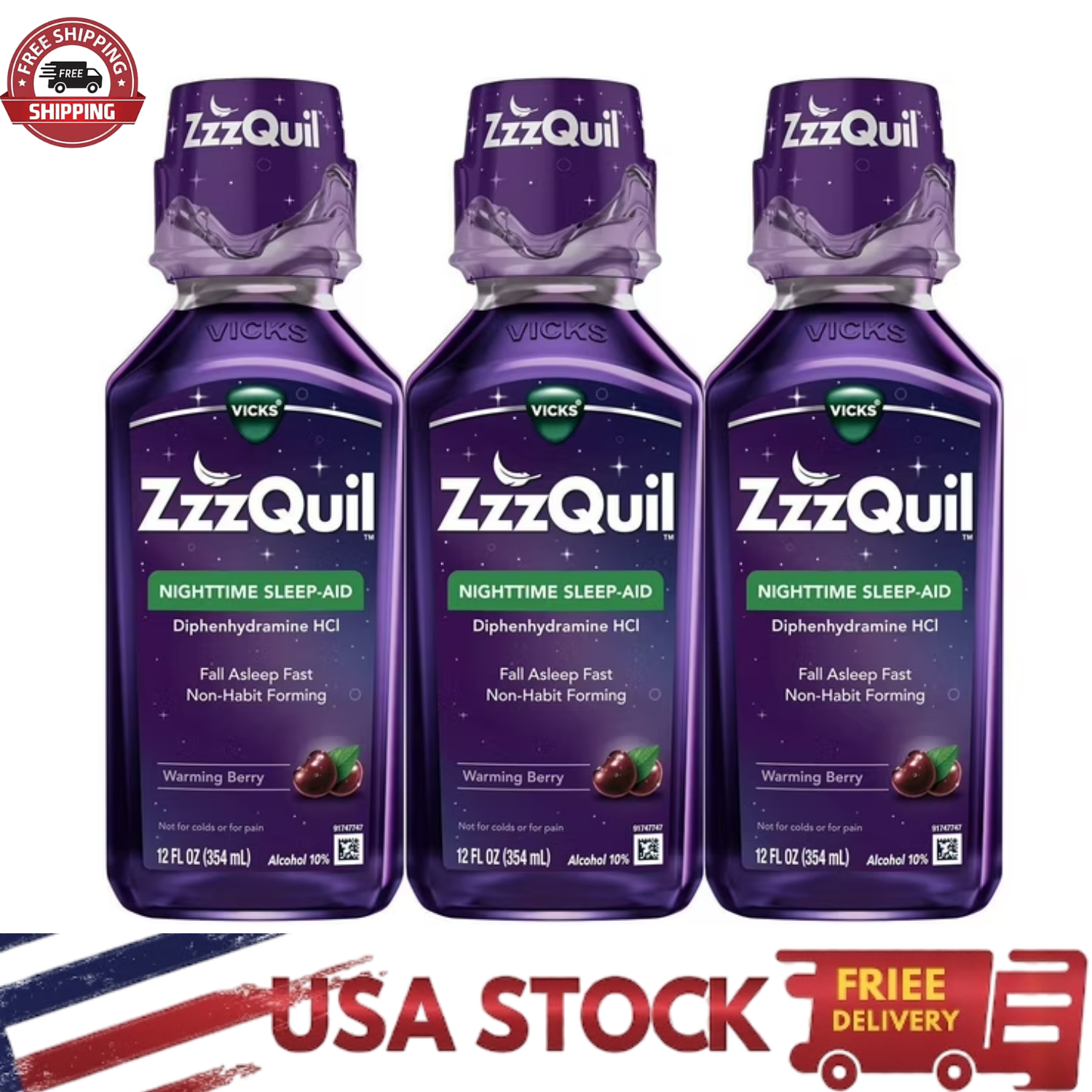 ZzzQuil Berry Sleep Aid Liquid 12 FL oz x3 | Night-time Non-Habit Sleep ...