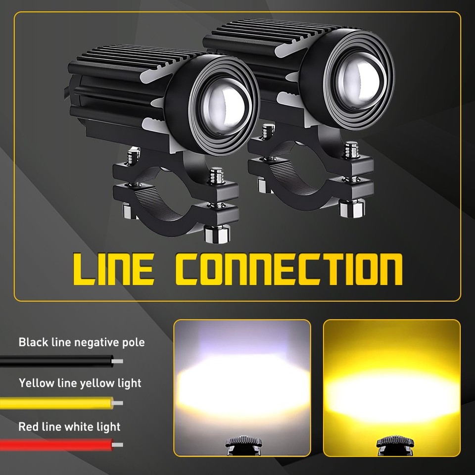 2X Motorcycle LED Headlight Yellow White Hi/Lo Spot Light Driving Fog ...