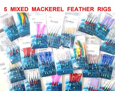 5 MIXED MACKEREL FEATHER RIGS SIZE 2/0 SEA FISHING TACKLE LURES COD ...