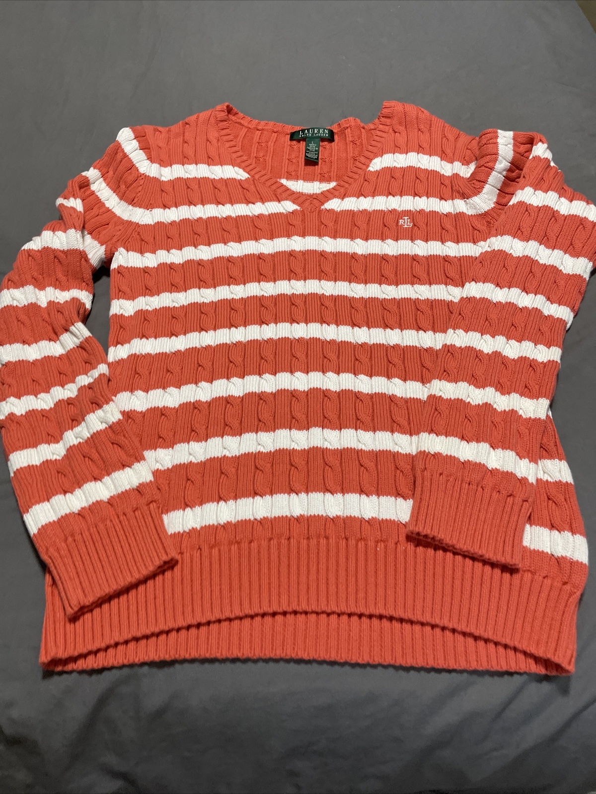 LAUREN RALPH LAUREN Women's Striped Cable Knit V-Nec… - Gem