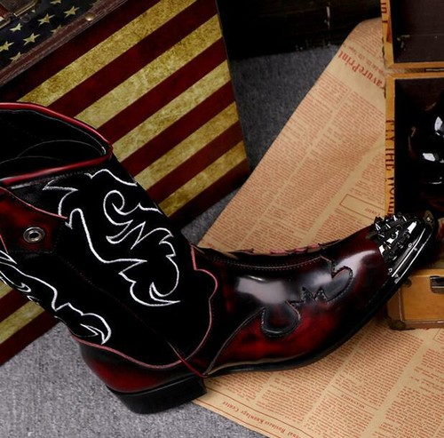 Mens Genuine Leather Metal Pointy Toe Rivet Runway Nightclub Cowboy ...