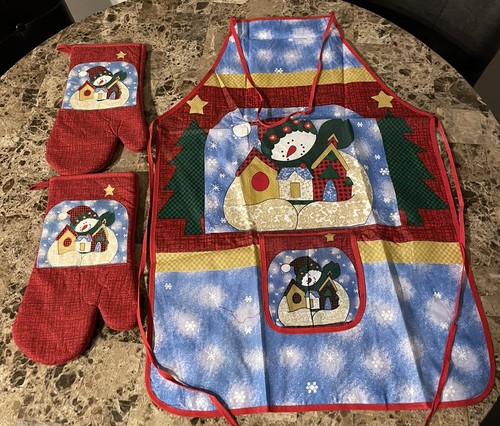 Christmas Snowman Scenery Full Bib Apron with Tie Strings & 2 Oven ...