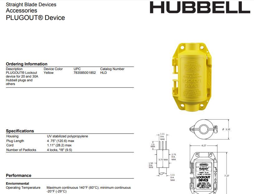 HUBBELL HLD Plug Lockout Plugout Yellow 3/8" Shackle Dia. WIRING DEVICE ...