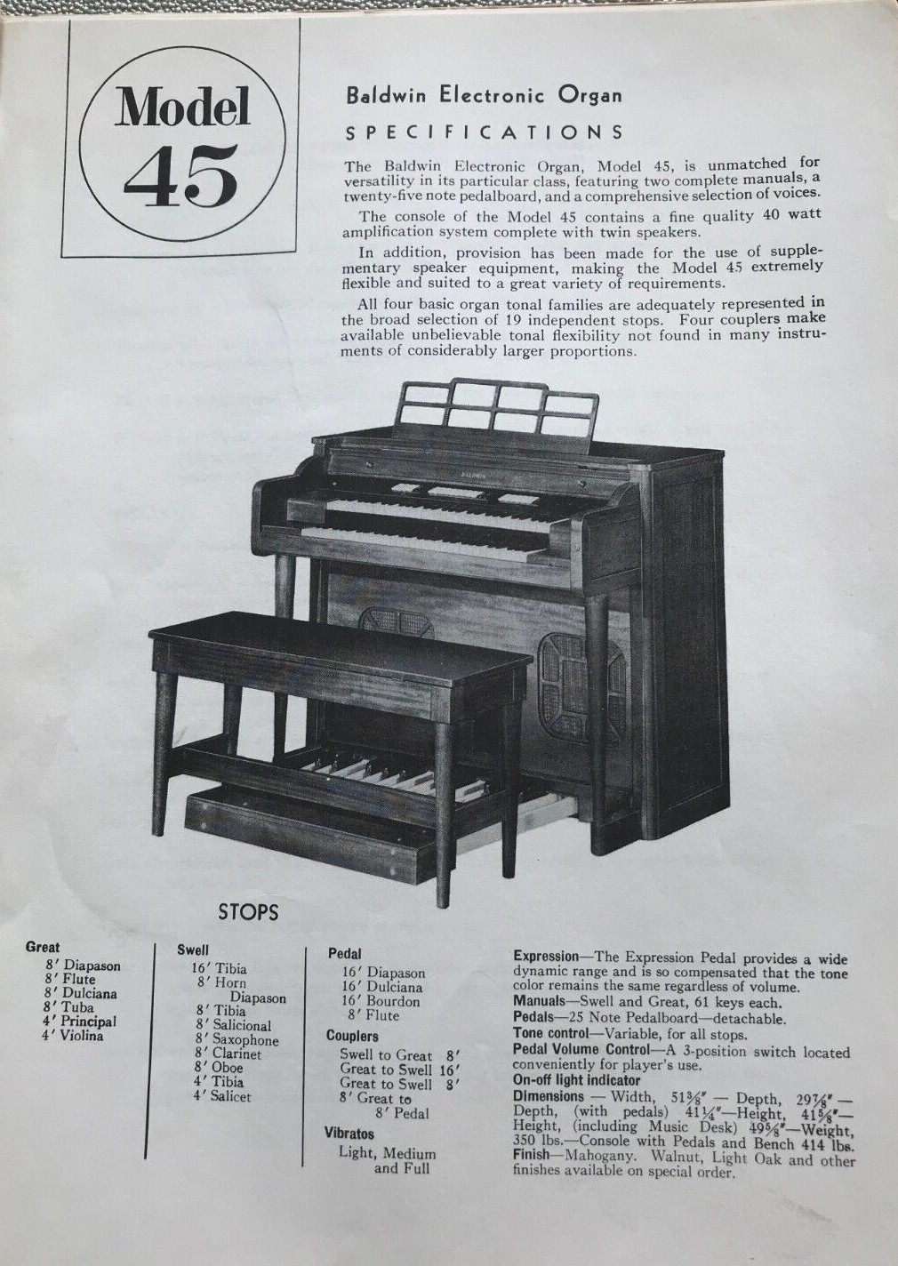 Baldwin Organ Tech Information Model:4, 46H, 5A, 46C,45, 30P, 61A-P ...