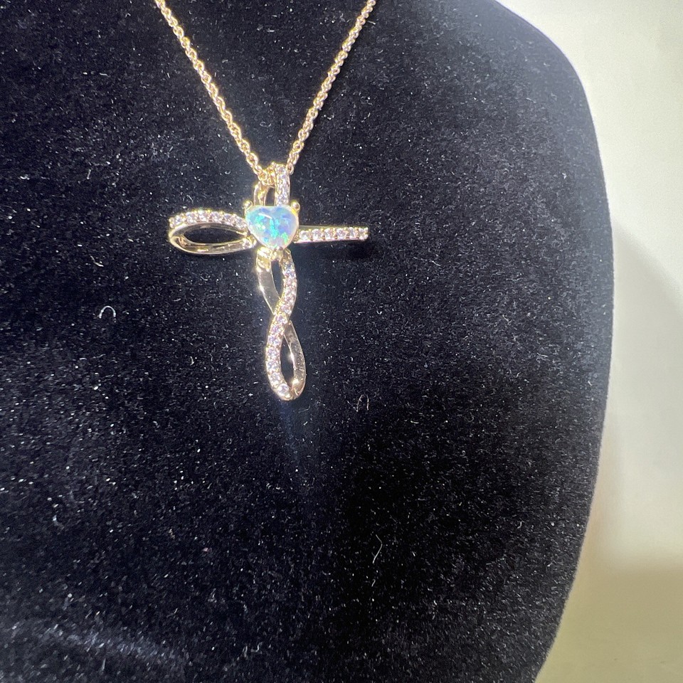 18K Gold Overlay Opal & Diamonique Diamond Cross Necklace | eBay
