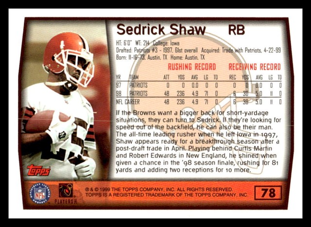 1999 Topps - #78 Sedrick Shaw for sale online | eBay
