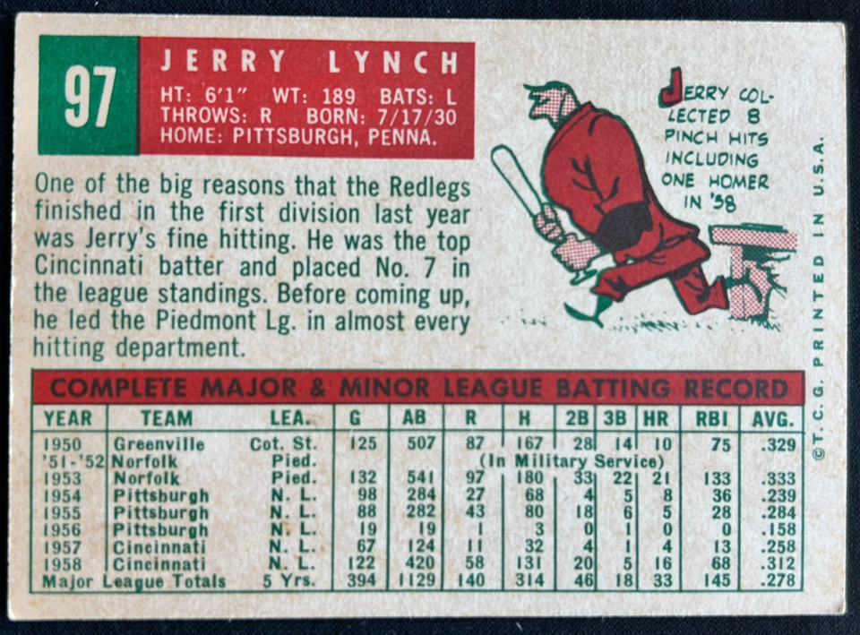 1959 Topps #97 JERRY LYNCH Cincinnati Redlegs MLB baseball card EX/MT ...