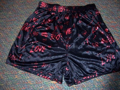 UNBRANDED VINTAGE Black/Red Silky Polyester Boxer Sleep Shorts - SIZE ...