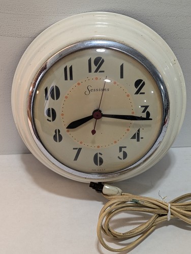 50's Vintage Sessions Art Deco Script Electric Kitchen Wall Clock Metal ...
