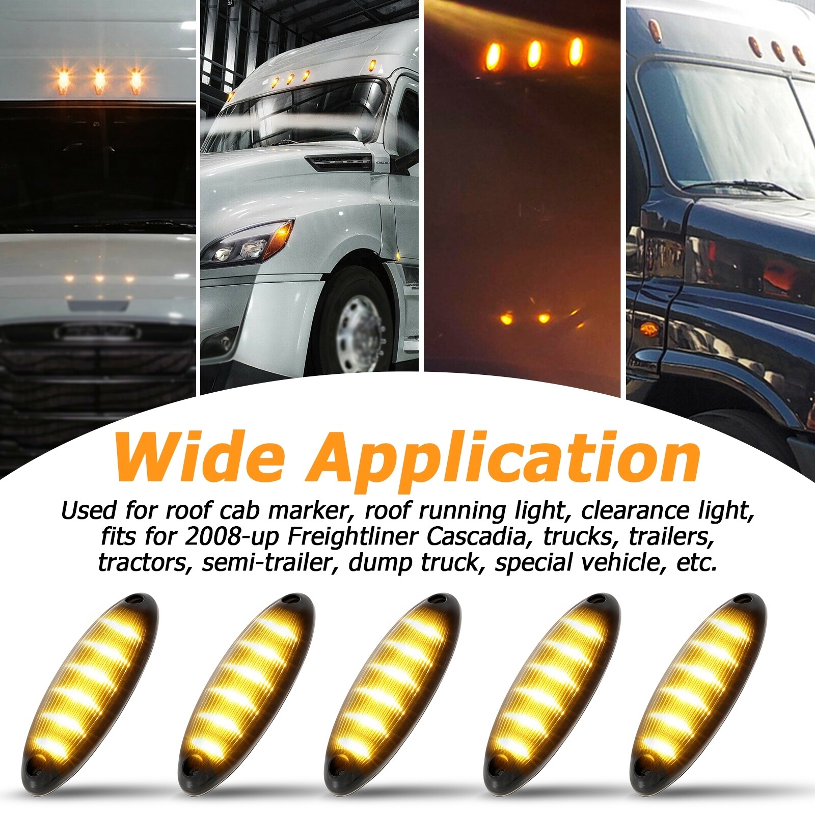5x Smoked Lens Amber LED Cab Roof Marker Lights For Volvo VN/VNL Truck ...