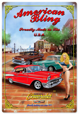 Vintage Style Metal Sign American Bling Proudly Chevrolet Pin Up Girl ...