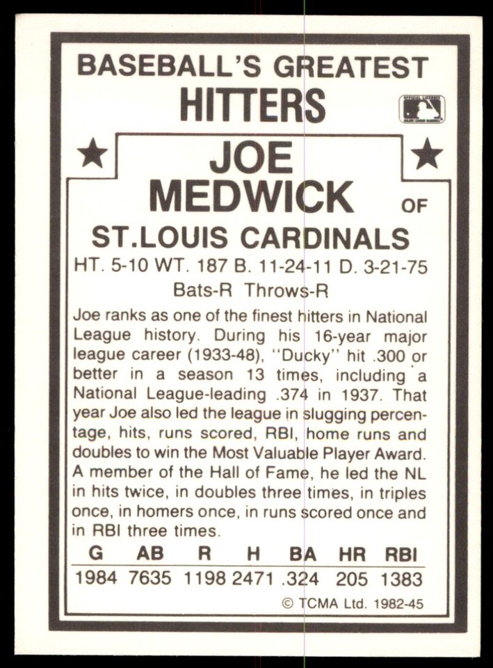 1982 TCMA BASEBALL'S GREATEST HITTERS - #45 JOE MEDWICK ST. LOUIS ...