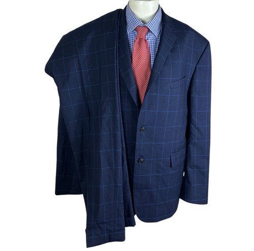 David August Suit BESPOKE 2 Piece Navy Windowpane Wool Jacket 46L Pants ...