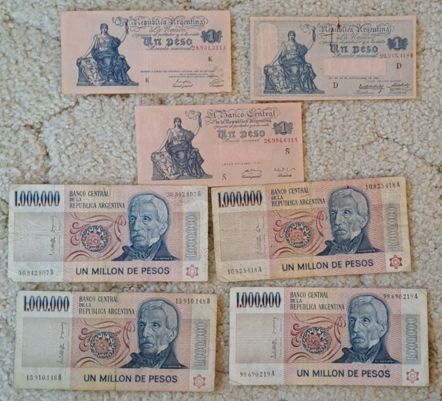 Argentina 1 peso types and 4 x 1 million pesos - Read (pneuman906) | eBay