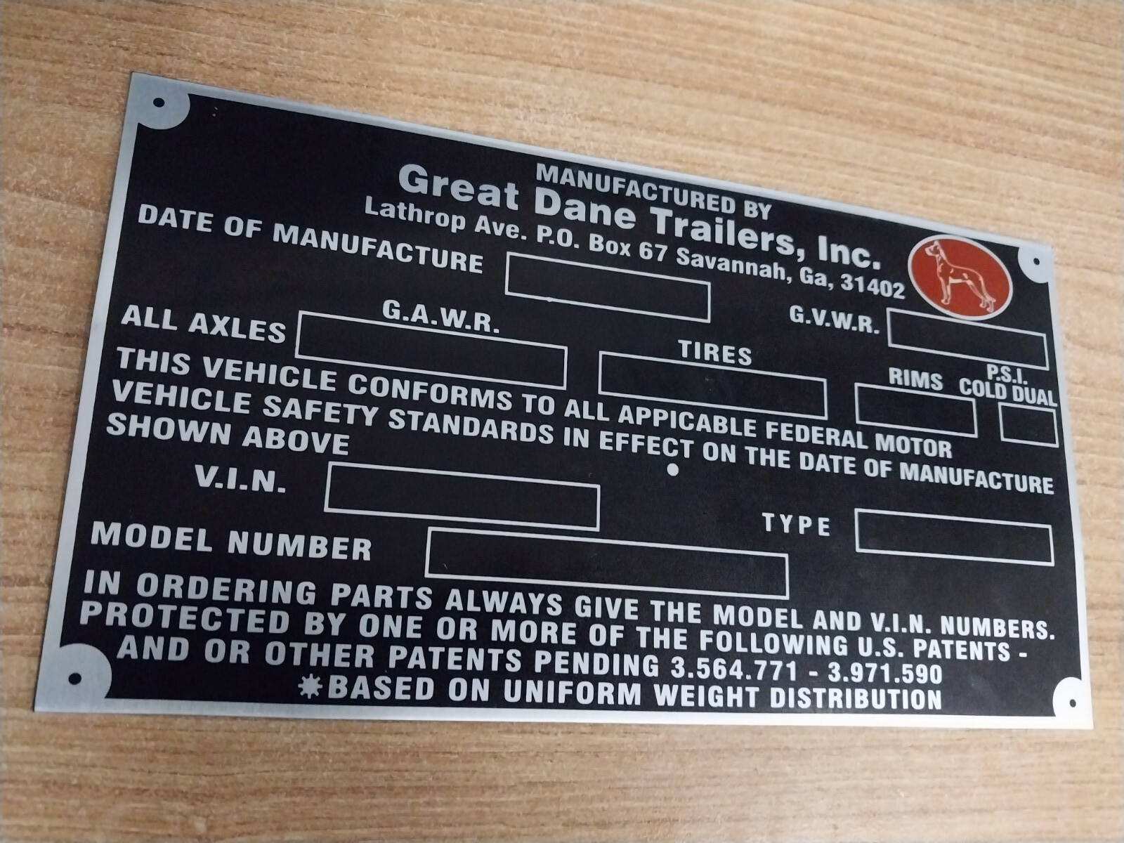 Aluminum Data Plate Great Dane Truck Trailers Blank | eBay
