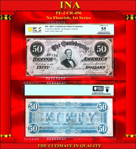 $50 1864 Confederate US Obsolete Paper Money T-66 PF-2 CR-496 Civil War ...