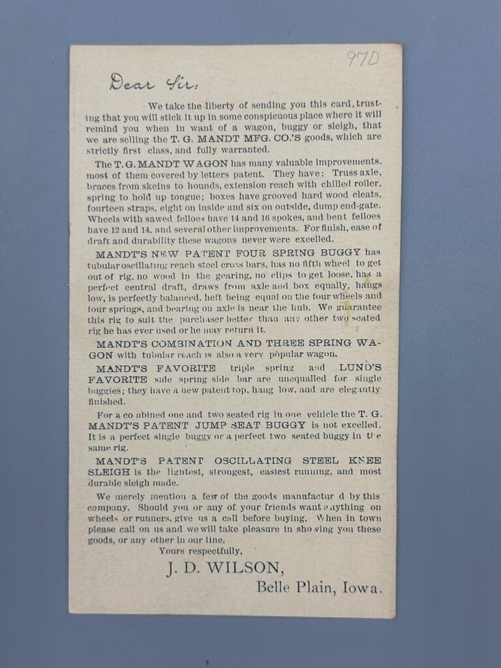 1880s T G Mandt FARM WAGON Carriage BOB SLEIGH Advertise Trade Card ...